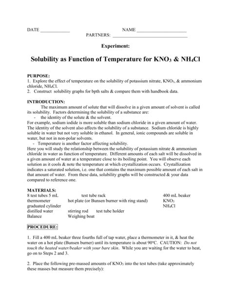 KNO NH Cl Solubility Lab Temperature S Effect