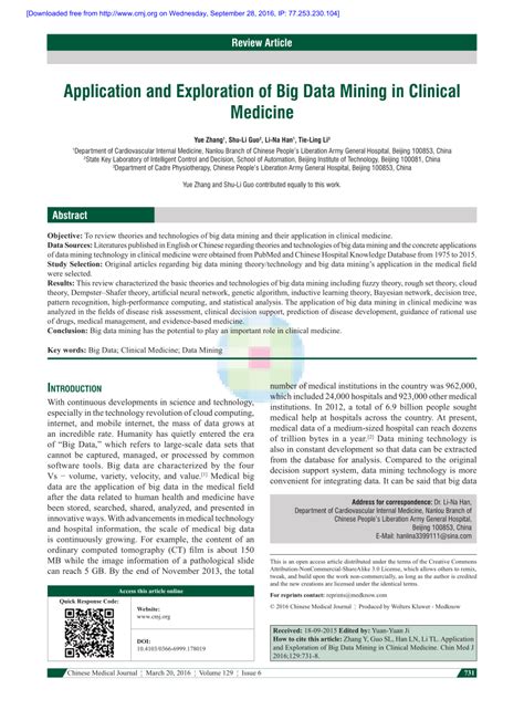 Pdf Application And Exploration Of Big Data Mining In Clinical Medicine