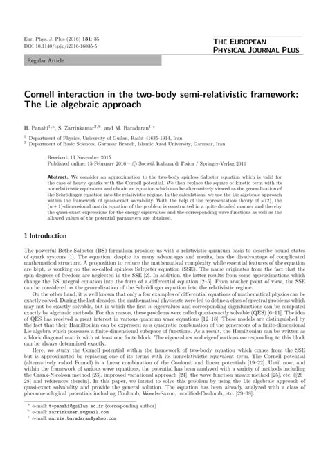PDF Cornell Interaction In The Two Body Semi Relativistic Framework The Lie Algebraic Approach