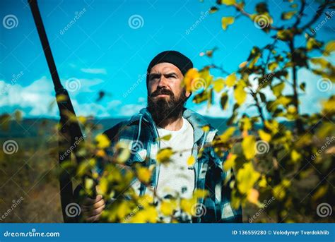 Hunter With Shotgun Gun On Hunt Calibers Of Hunting Rifles Man