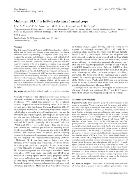 Pdf Multi‐trait Blup In Half‐sib Selection Of Annual Crops
