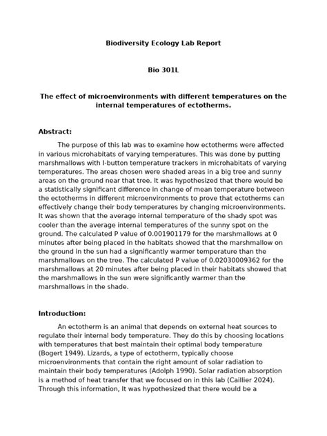 Biodiversity Ecology Lab Report 1 Pdf Thermoregulation Analysis