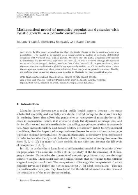 Pdf Mathematical Model Of Mosquito Populations Dynamics With Logistic