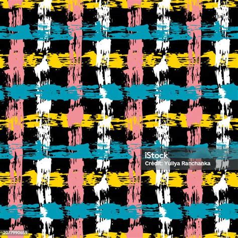 체크 무늬의 매끄러운 붓놀림 패턴 여러 가지 색상의 페인트 줄무늬 검은색 배경의 질감을 확인합니다 벡터 일러스트 레이 션입니다 0명에 대한 스톡 벡터 아트 및 기타 이미지