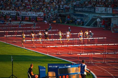 Women Participate In 100m Hurdles Sprint At Track And Field