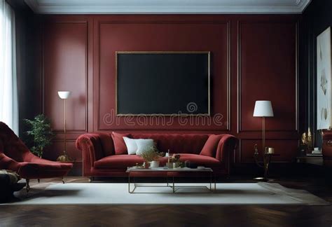 Dark Red Render Room 3d Living Mockup Luxury Background Frame Interior Wall Chair Poster Table