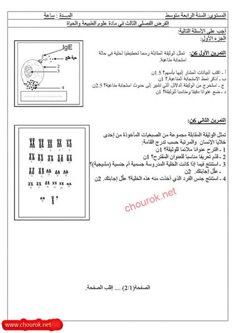 اختبار الثلاثي الثالث في العلوم الطبيعية للسنة الرابعة متوسط نموذج3