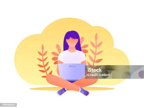 젊은 여성이 노트북 바닥에 앉아 있다 프리랜서 가정에서 작업 거리 교육 온라인 쇼핑 인터넷 서핑 평면 벡터 일러스트입니다