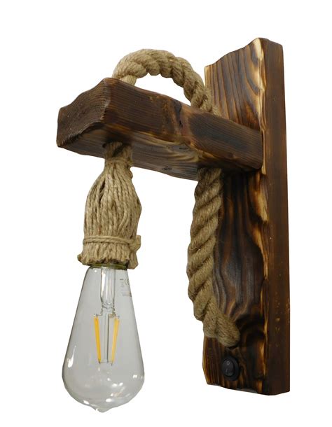 KINKIET DREWNIANY CIOSANY SZNUR JUTOWY e27 loft włącznik opalany
