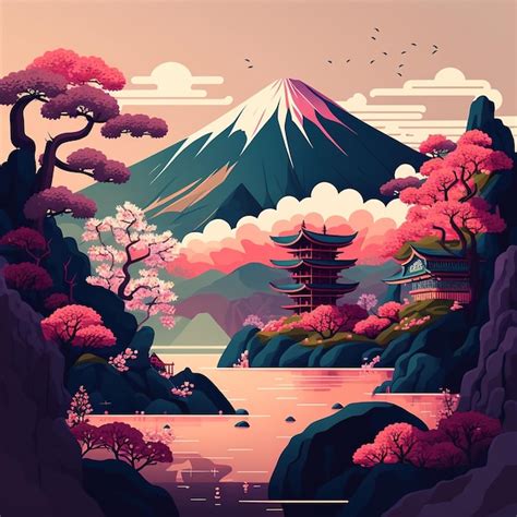 Premium Vector Traditional Japanese Sakura Season Temple Lake Vector