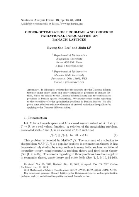 Pdf Order Optimization Problems And Ordered Variational Inequalities On Banach Lattices