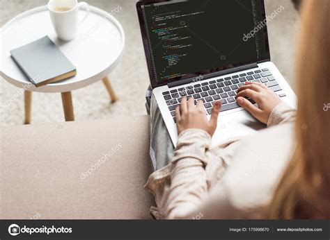 Cropped Shot Young Female Developer Coding Laptop Home — Stock Editorial Photo © Y Boychenko