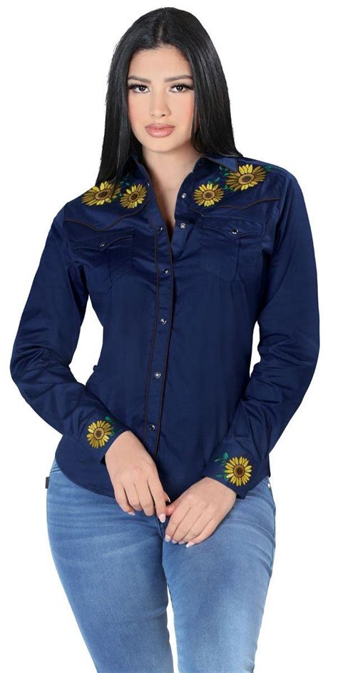 Camisa Vaquera Bordada Para Mujer Azul Marino Lam 2315navy X Large