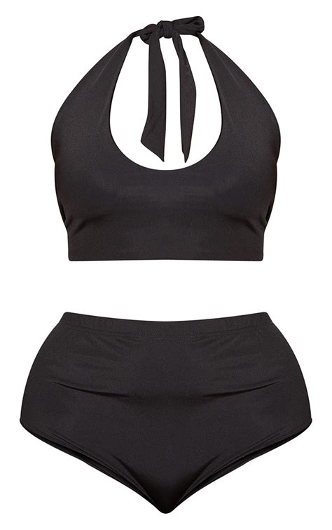 Plus Black High Waist Halterneck Bikini Set Plus Size Prettylittlething Usa
