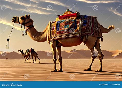 A Graphic Design Of A Camel Caravan In The Desert Stock Illustration