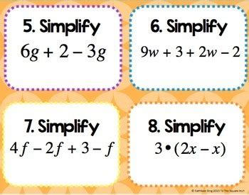 Simplifying Expressions Task Cards By To The Square Inch Kate Bing Coners