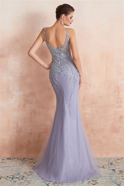 Zapakasa Women Sleeveless Lavender Mermaid Illusion Neck Long Prom Dress