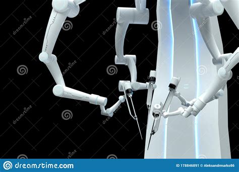 Robot Surgeon Robotic Equipment Manipulators Isolated On A Dark