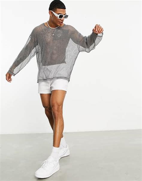 Asos Design Langärmliges Oversize Shirt Aus Schwarz Weißem Netzstoff