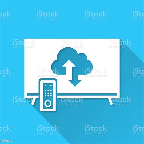 클라우드 다운로드 및 Tv로 업로드 파란색 배경에 아이콘 긴 그림자가 있는 평면 디자인 3차원 형태에 대한 스톡 벡터 아트 및