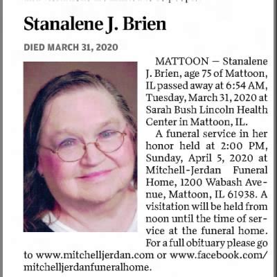 Obituary For Stanalene J Brien Aged 75 Newspapers