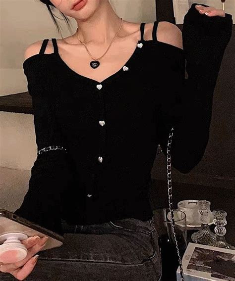 블링 하트 단추 빅사이즈 여리여리핏 골지 끈 오프숄더 긴팔 글램핏 섹시 청순 크롭 티 셔츠 에이블리