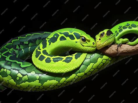 Premium Ai Image Green Tree Python Juvenile Closeup On Branch With Black Background