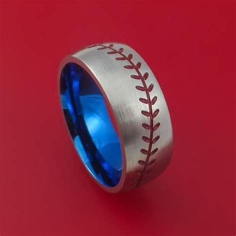 Titanium Baseball Ring With Red Stitching And Anodized Sleeve Fan Band