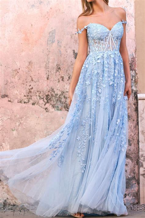 Off Shoulder Light Blue Lace Long Prom Dress Light Blue Lace Formal D