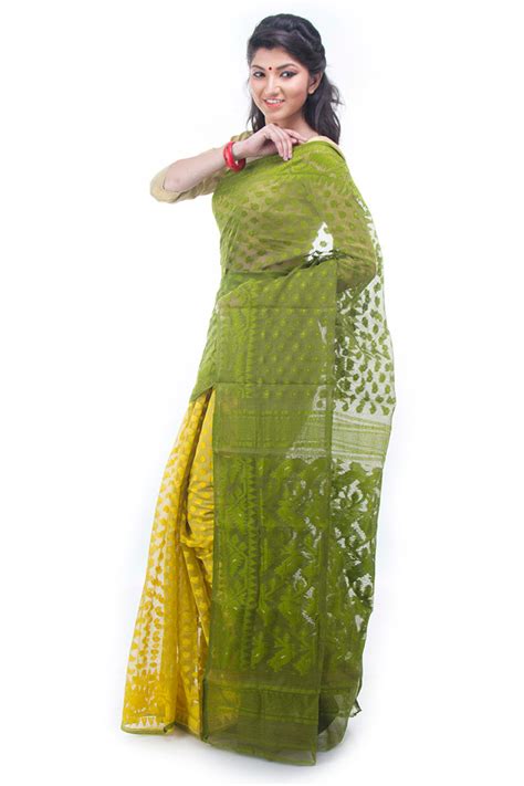 Mehendi Green Lime Yellow Half Half Dhakai Jamdani Muslin Saree