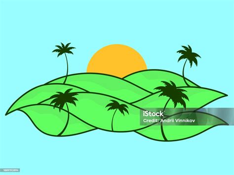 야자수와 태양이 있는 열대 풍경 푸른 언덕과 수평선에 태양이 있는 물결 모양의 풍경 푸른 들판 위로 새벽이 밝아옵니다 포스터 인쇄물 및 배너를 위한 디자인 벡터 일러스트