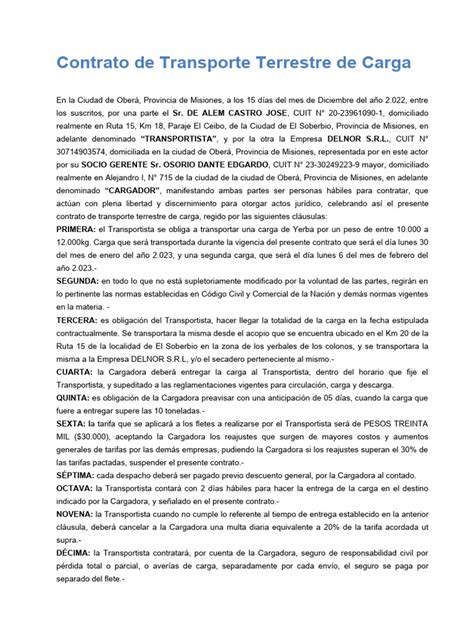 Contrato Transporte Terrestre Carga Pdf
