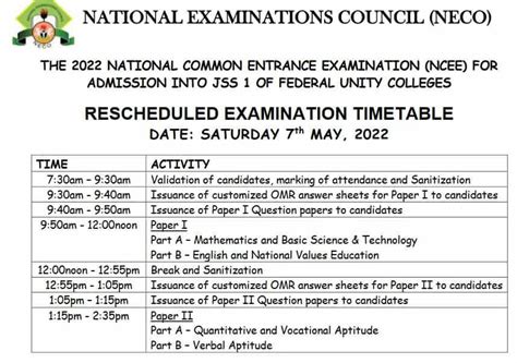 National Common Entrance Examination Ncee Timetable 20222023