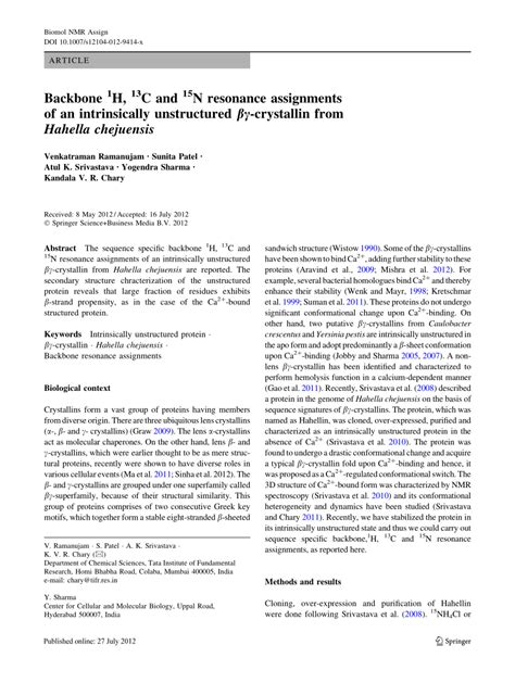 Pdf Backbone 1h 13c And 15n Resonance Assignments Of An Intrinsically Unstructured βγ