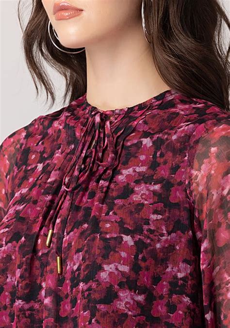 Buy Women Pink Abstract Print Full Sleeve Pleated Blouse Top06872