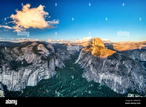 Yosemite Valley With Illuminated Half Dome At Sunset View From Glacier