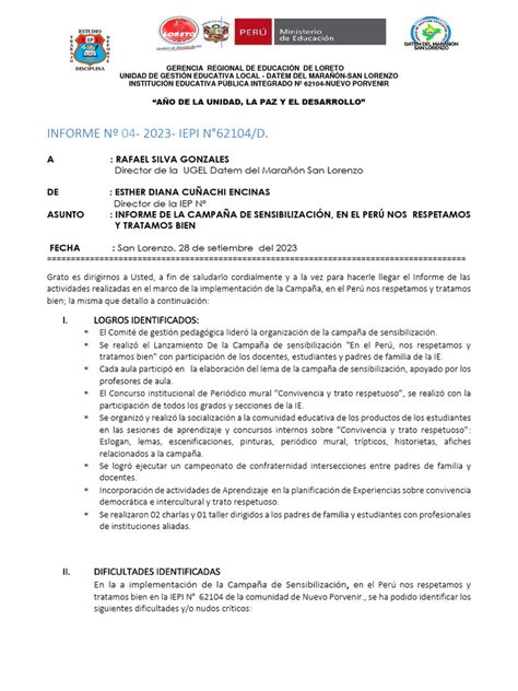 Informe Final De La Campaña En El Peru Nos Respetamos Y Tratamos Bien