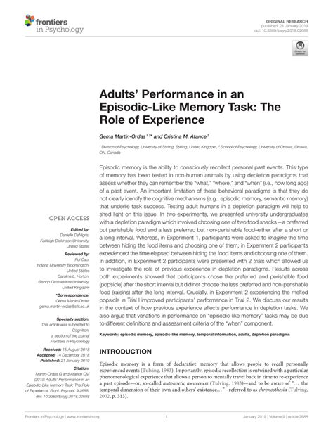 Pdf Adults Performance In An Episodic Like Memory Task The Role Of