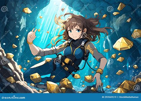 Young Anime Girl Diving Exploring Treasure Filled Cave Stock