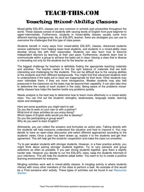 Teaching Mixed Ability Classes Pdf English As A Second Or Foreign