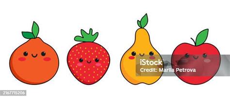 귀여운 만화 웃는 과일 캐릭터 유치 스타일로 설정 과일 아이콘 오렌지 딸기 배 사과 벡터 일러스트 레이 션 과일에 대한 스톡 벡터 아트 및 기타 이미지 Istock