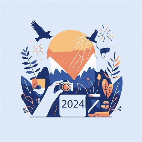 새해 축하 2024 평평한 스타일의 ⁇ 터 일러스트레이션 배너 포스터 또는 인쇄용 디자인 프리미엄 벡터
