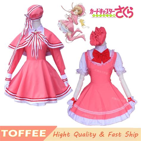Anime Card Captor Sakura Cosplay Traje Para Mulher Vestido Rosa Branco