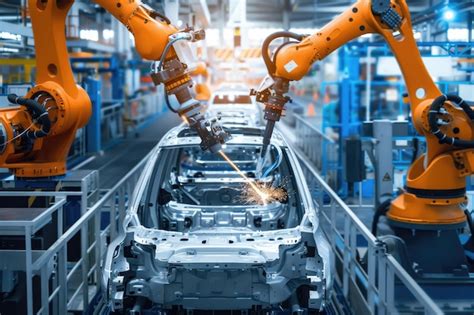Premium Photo Automated Industrial Robots Weld A Car Chassis On An