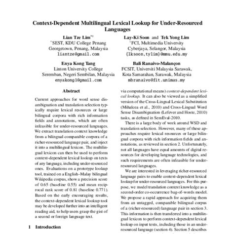 Context Dependent Multilingual Lexical Lookup For Under Resourced