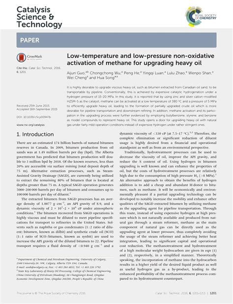 Pdf Low Temperature And Low Pressure Nonoxidative Activation Of Methane For Upgrading Heavy Oil