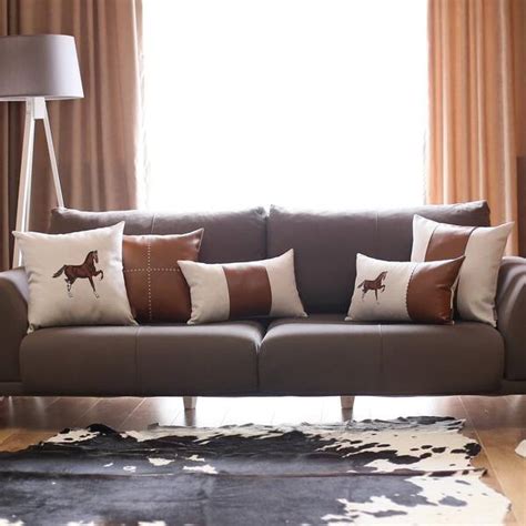 Brown Leather Sofa With Grey Pillows Baci Living Room