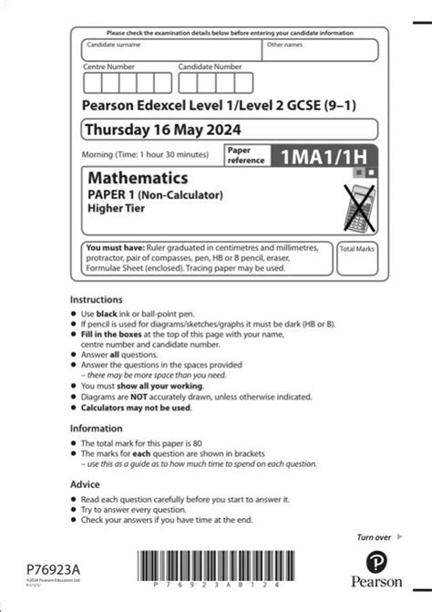 Pearson Edexcel Level 1level 2 Gcse 91 Mathematics Paper 1 Non