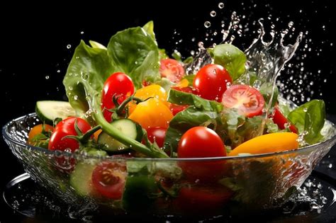 Premium Ai Image Fresh Vegetable Salad In Glass Bowl With Splashes Of