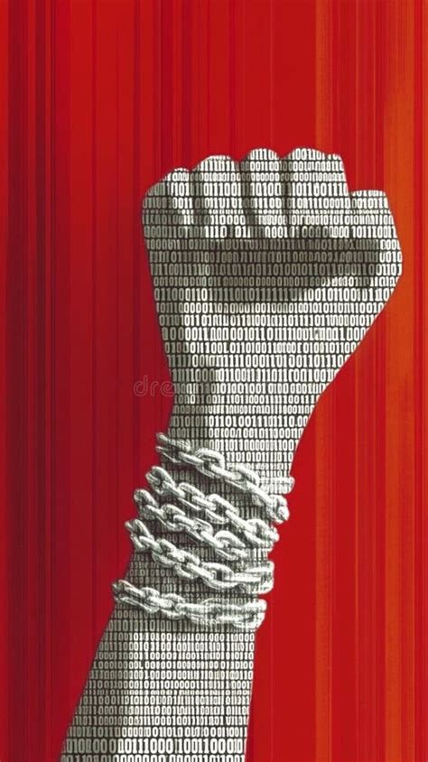 Fist Made Of Binary Code Trapped In Chains Symbolizing Censorship Stock